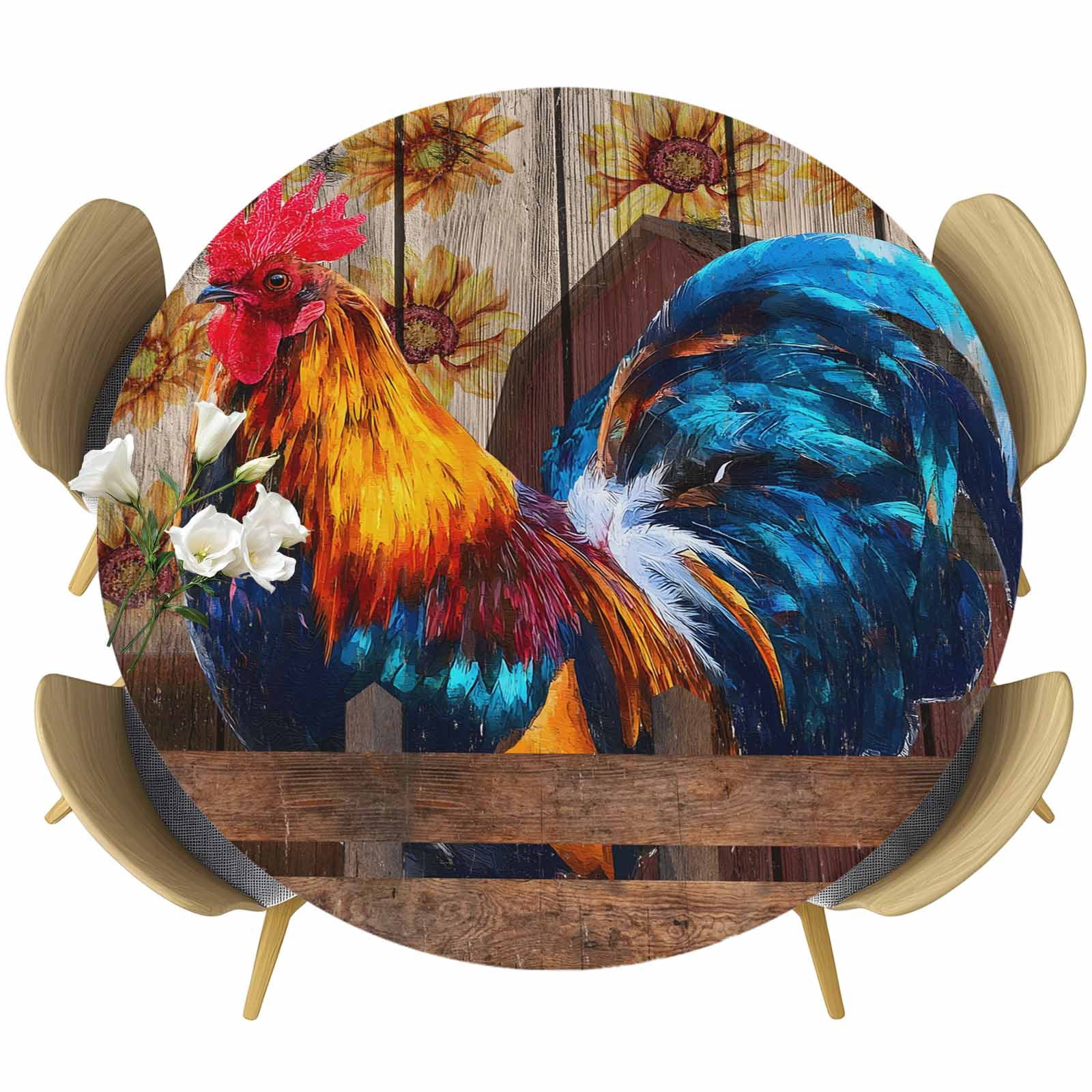 Farm Retro Chicken Round Fitted Tablecloth with Elastic Edge, Animal ...