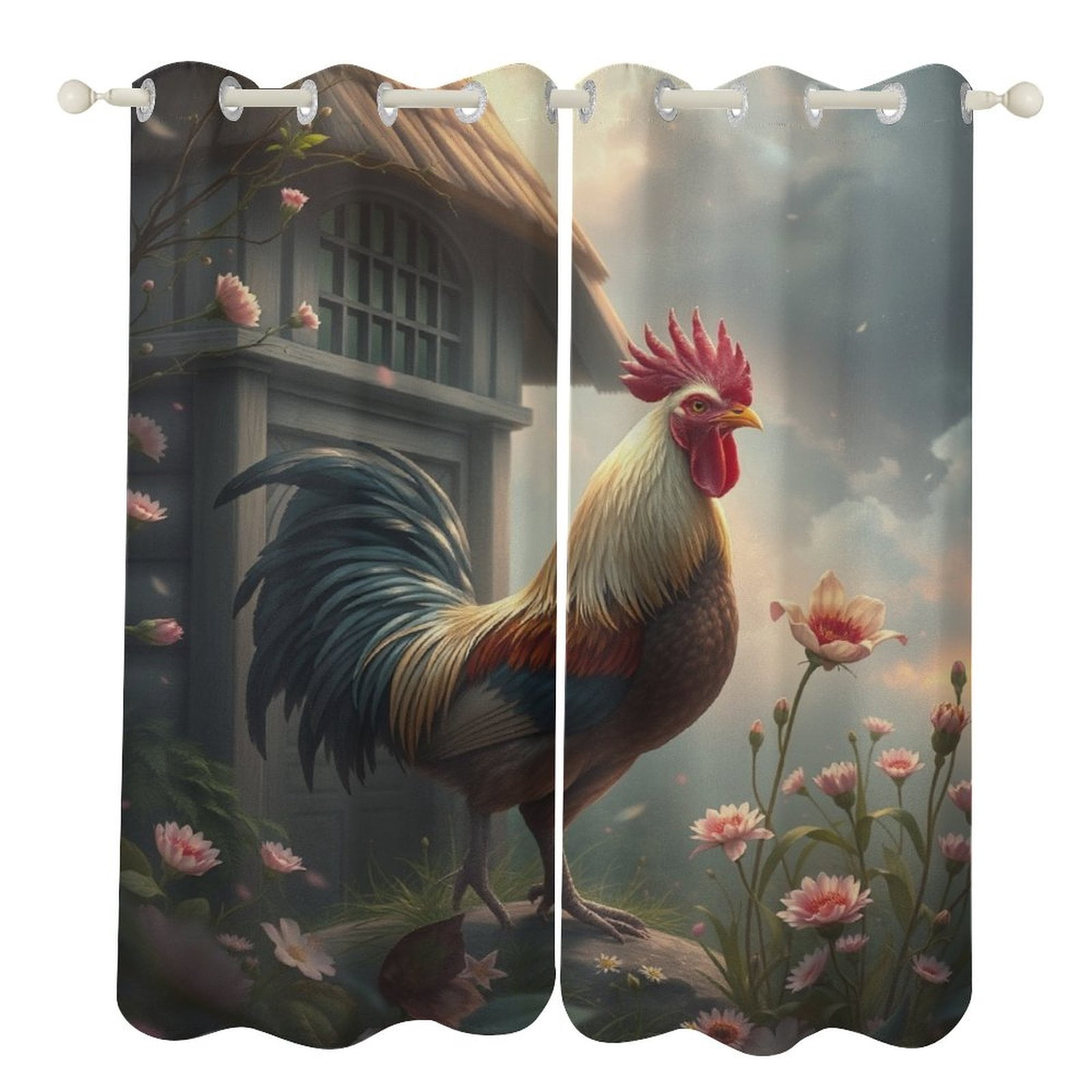 Farm Retro Male Rooster 2 Pieces Window Drape Curtain for Living Room ...