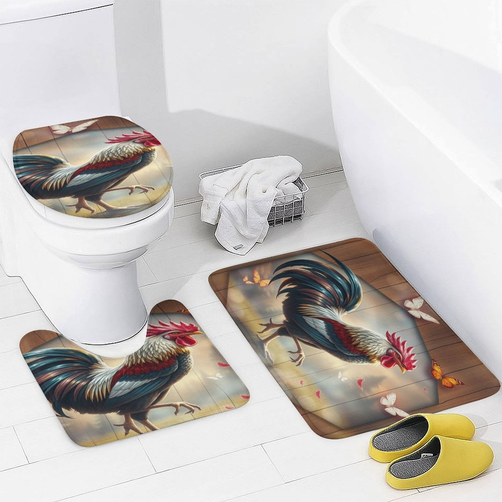 Farm Retro Male Rooster Bathroom Rugs Set 3 Piece with Non-Slip Bath ...