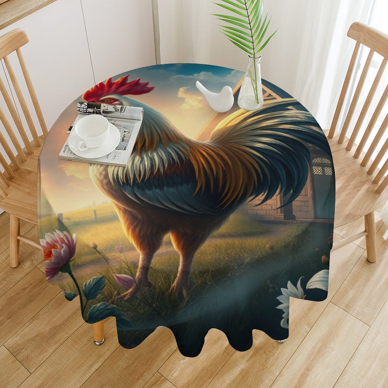 Farm Retro Male Rooster Round Polyester Tablelcoth Circular Table Cover ...