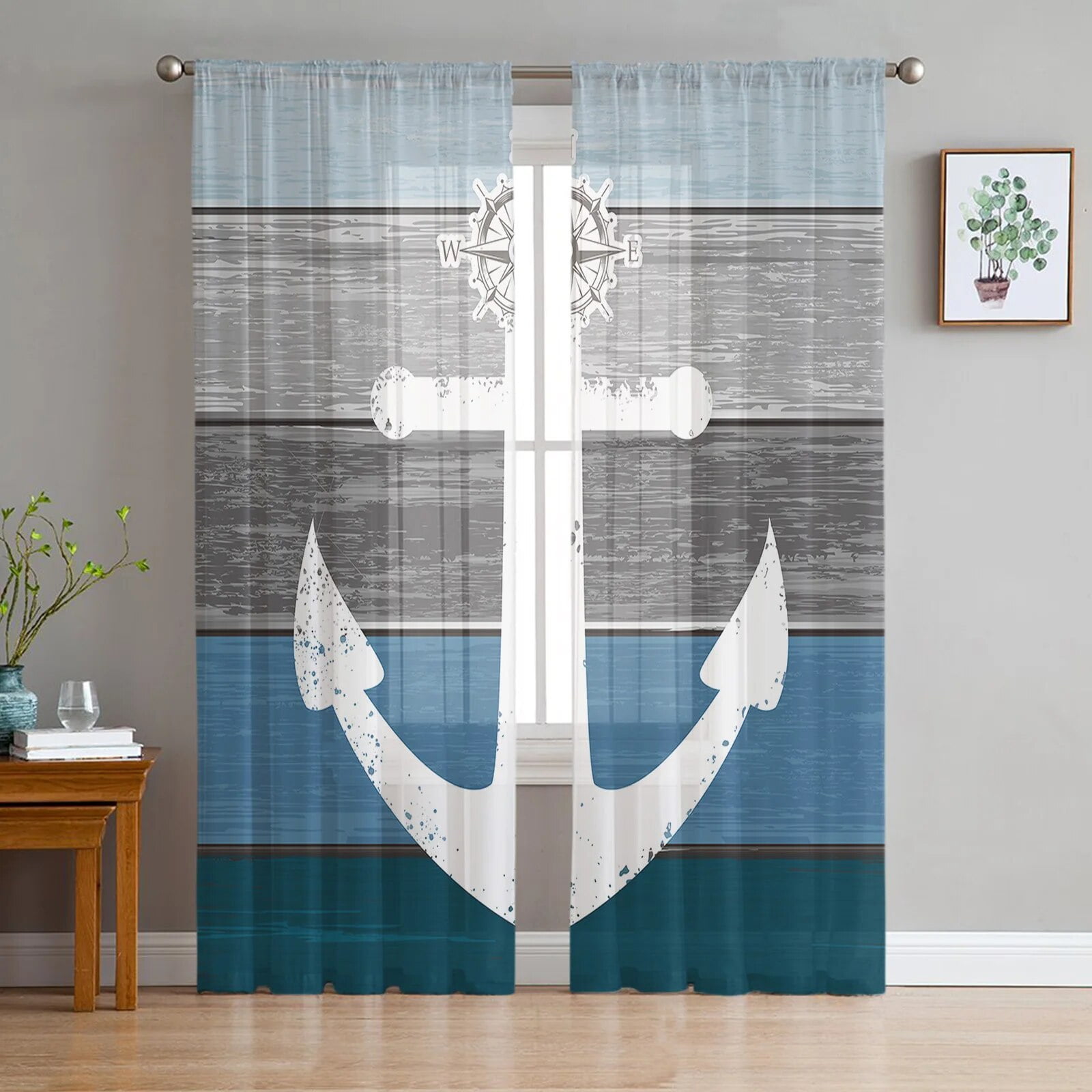 Farm Retro Wood Grain Anchor Tulle Voile Curtains For Bedroom Window ...