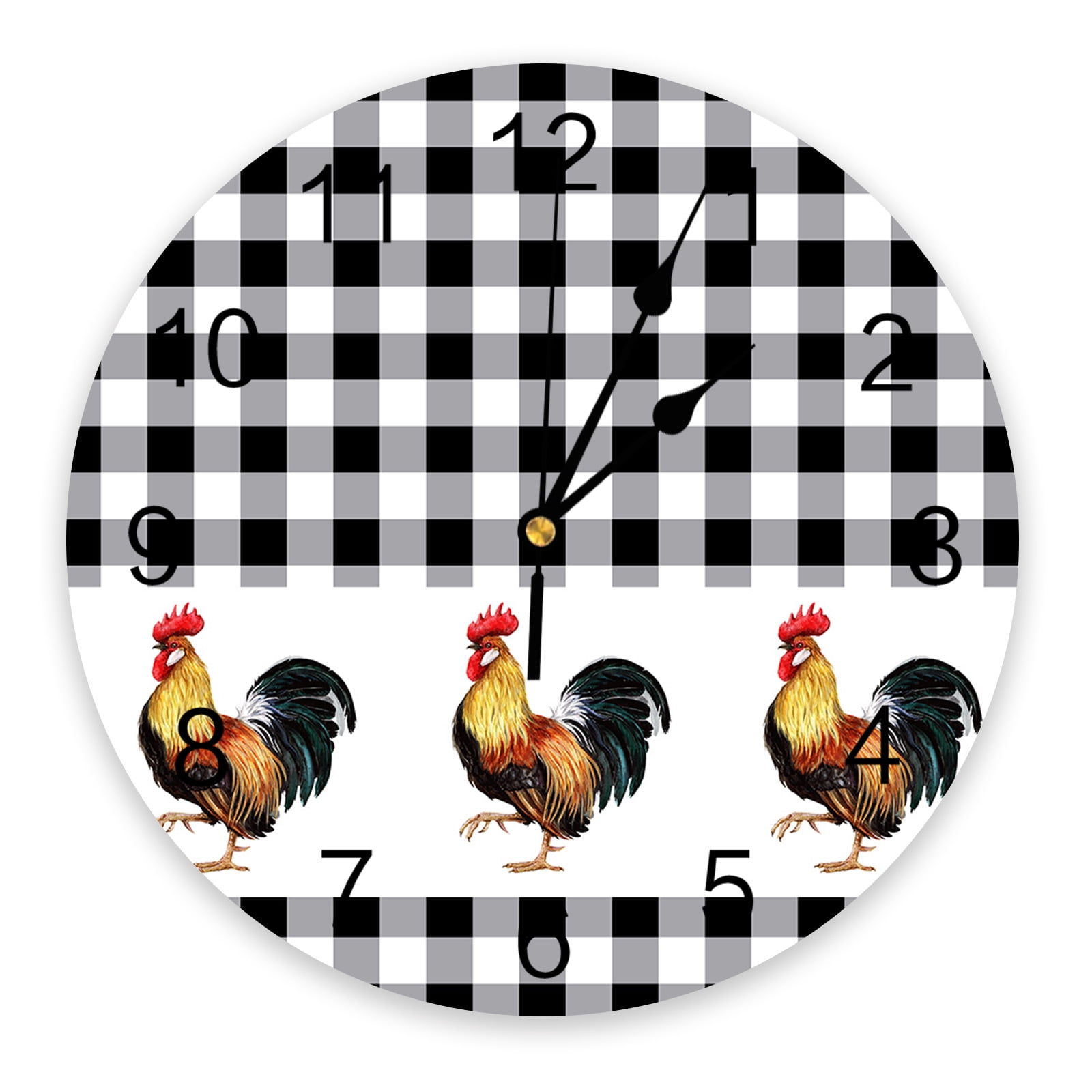 Farm Rooster Black And White Plaid Wall Clock Modern Design Silent Wall ...