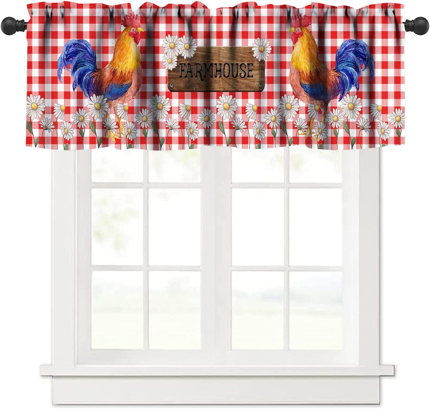 Farm Rooster Curtain Valance,Country Retro Red Plaid Background Floral ...