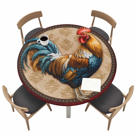 Farm Rooster Fitted Tablecloth with Elastic Edged, Round Table Cloth ...