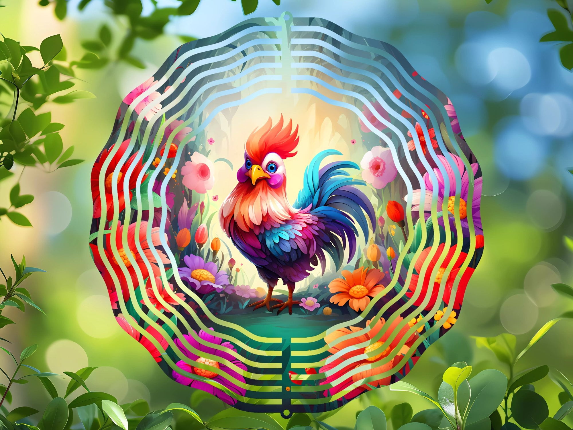 Farm Rooster Floral 3D Wind Spinner, Kinetic Stainless Steel Hanging ...