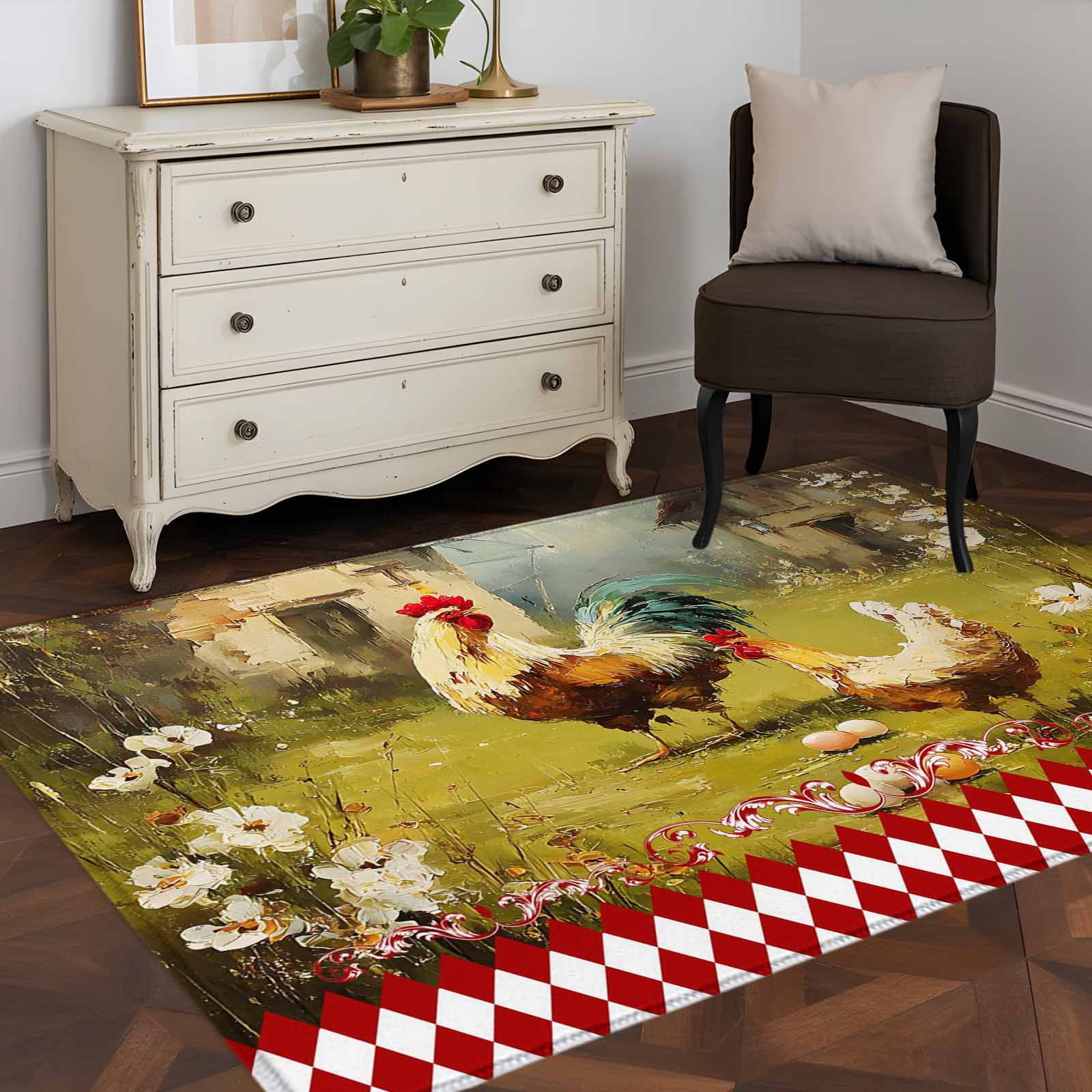 Farm Rooster Hen 4x6 Rug for Dining Table for 4 People Under Table ...