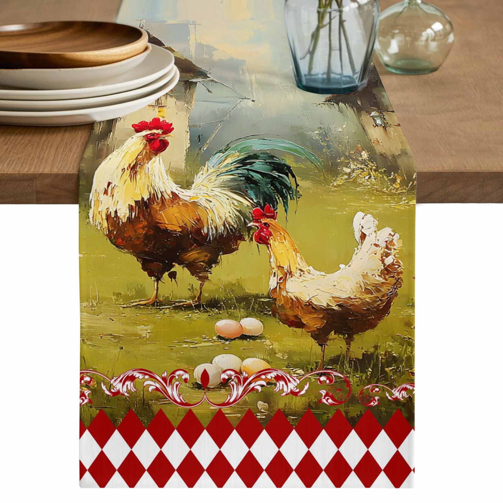 Farm Rooster Hen Table Runner, Farmhouse Flower Vintage Oil Painting ...
