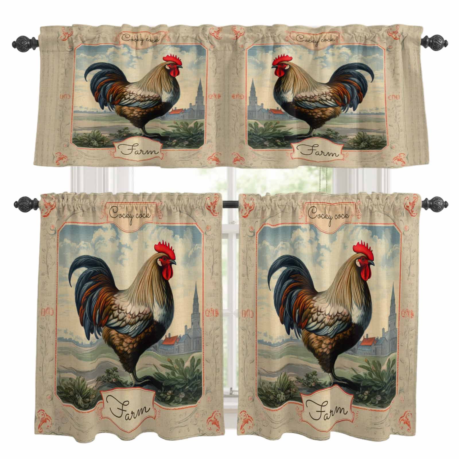 Farm Rooster Kitchen Curtains Valances and Tiers Set of 3 Retro Animal ...