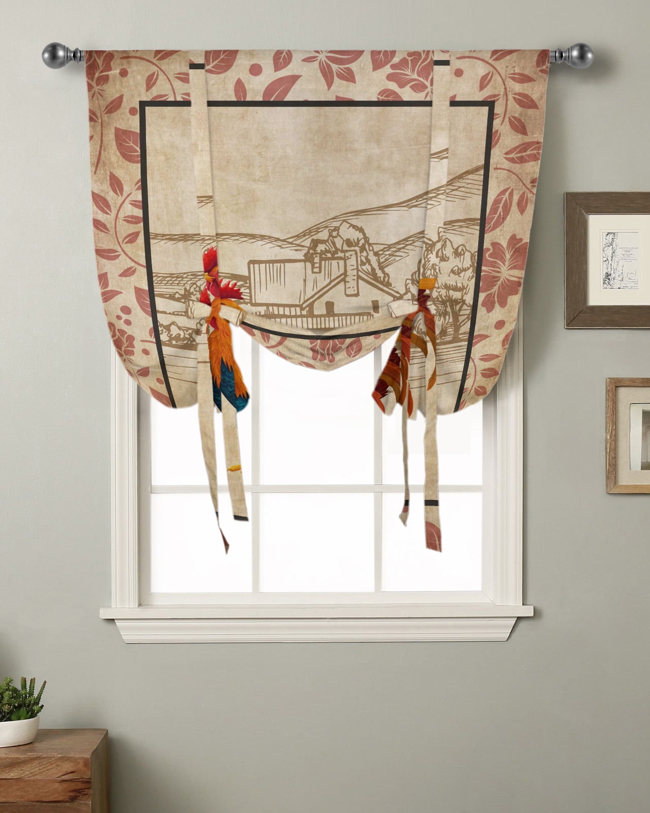 Farm Rooster Pattern Retro Kitchen Short Window Curtain Rod Pocket ...