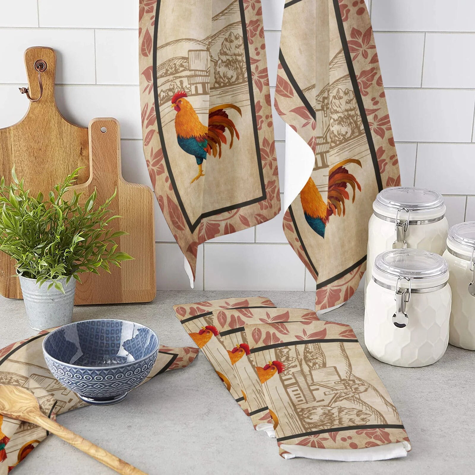 Farm Rooster Pattern Retro Microfiber Kitchen Towel for Hand Dry ...