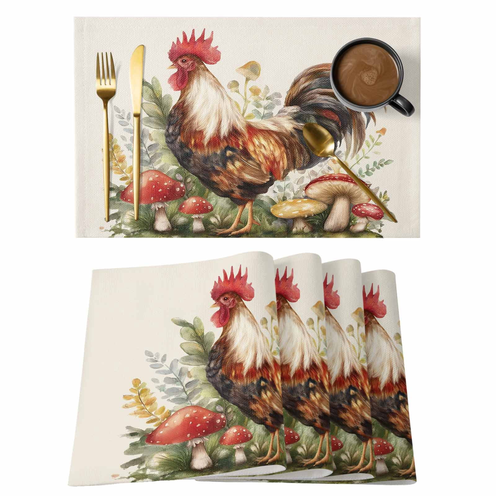Farm Rooster Placemats Set of 4, Oil Painting Chicken Farmhouse ...