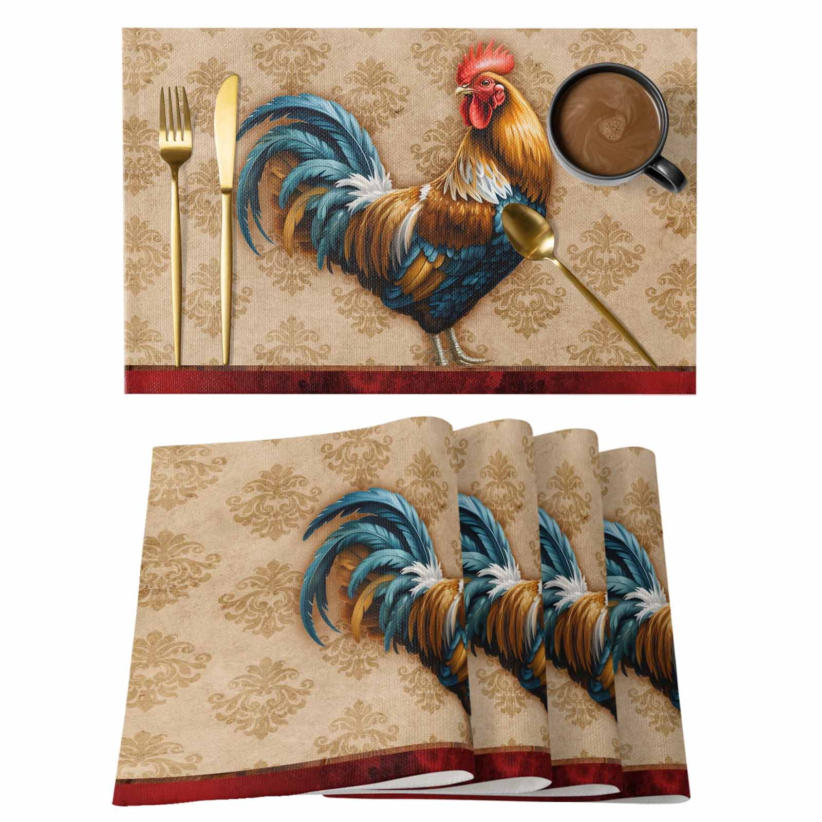 Farm Rooster Placemats Set of 8, Farmhouse Boho Animals Retro Pattern ...