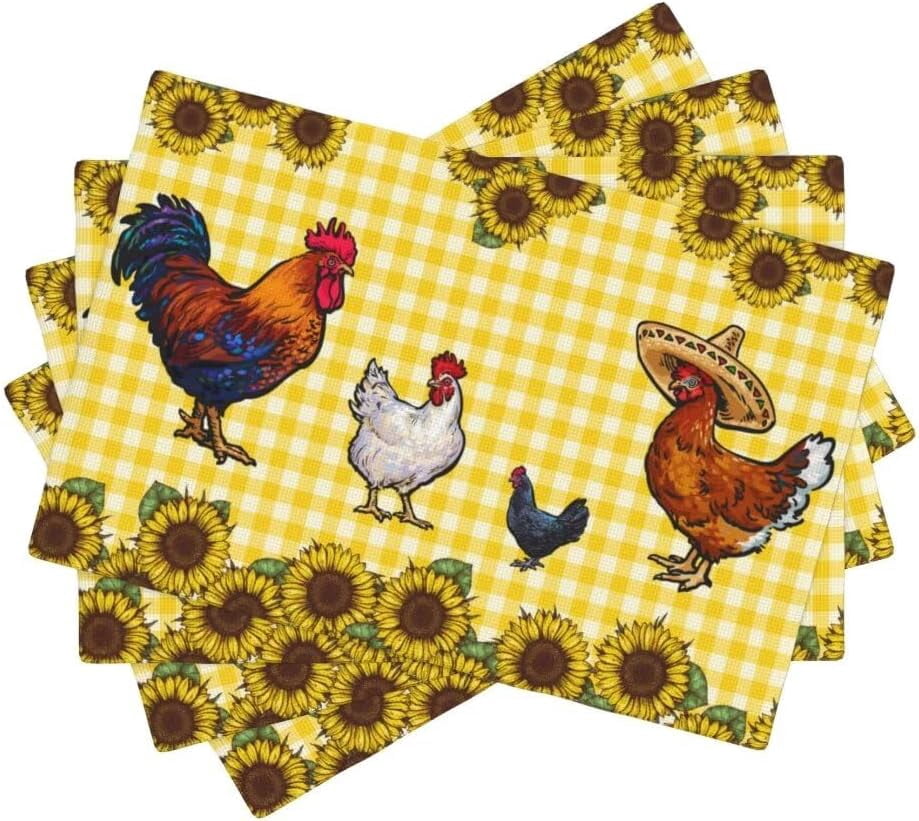Farm Rooster Placemats, Western Country Chicken Sunflower Retro Yellow ...