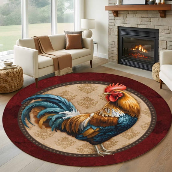 Farm Rooster Round Rug 8ft Washable Circle Rugs Non Slip Boho Farmhouse ...