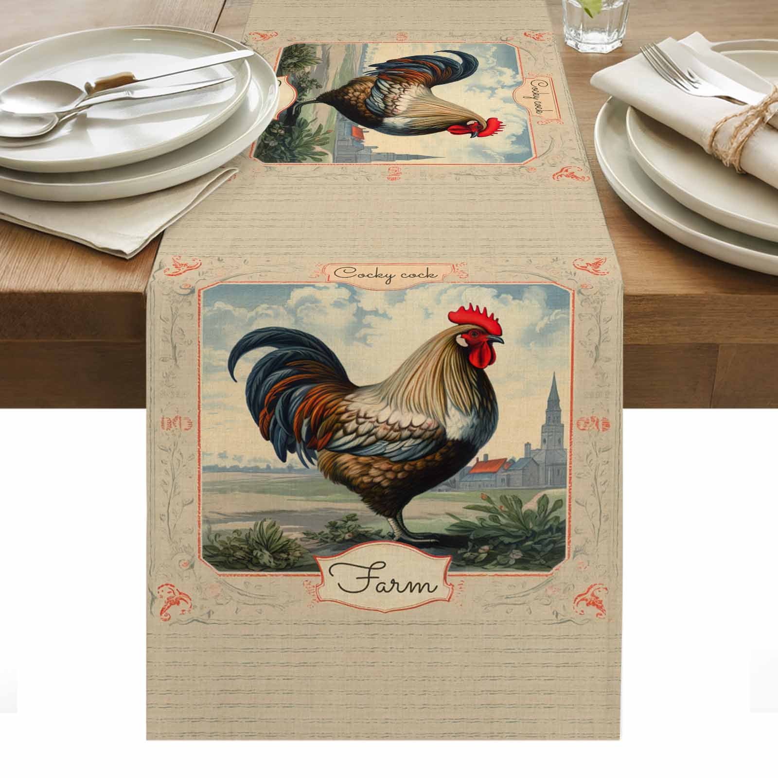 Farm Rooster Table Runner 13 x 60 Inch, Retro Animal Theme Washable ...