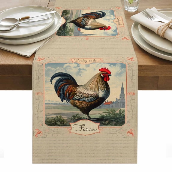 Farm Rooster Table Runner 13 x 60 Inch, Retro Animal Theme Washable ...