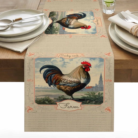 Farm Rooster Table Runner 13x36 inch Retro Animal Theme Cotton Linen ...
