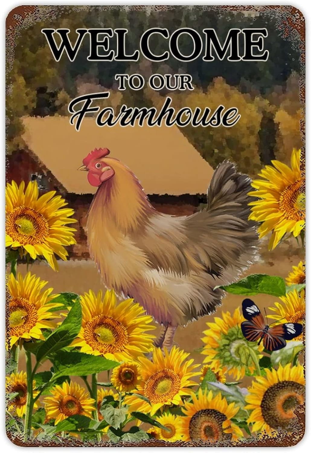 Farm Rooster Tin Sign Sunflower Butterfly Meal Sign Unique Farmhouse ...
