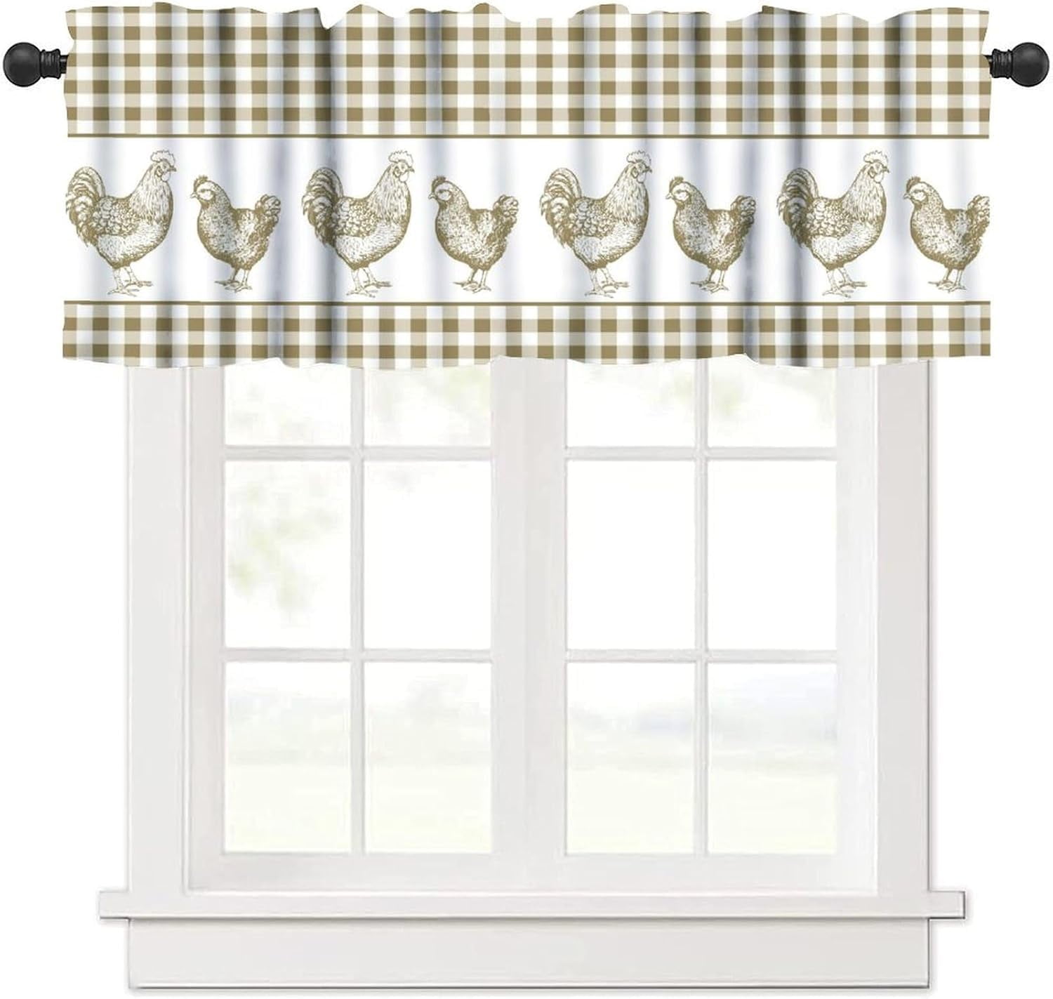 Farm Rooster Valance Curtains Rustic Retro Buffalo Plaid Farmhouse ...