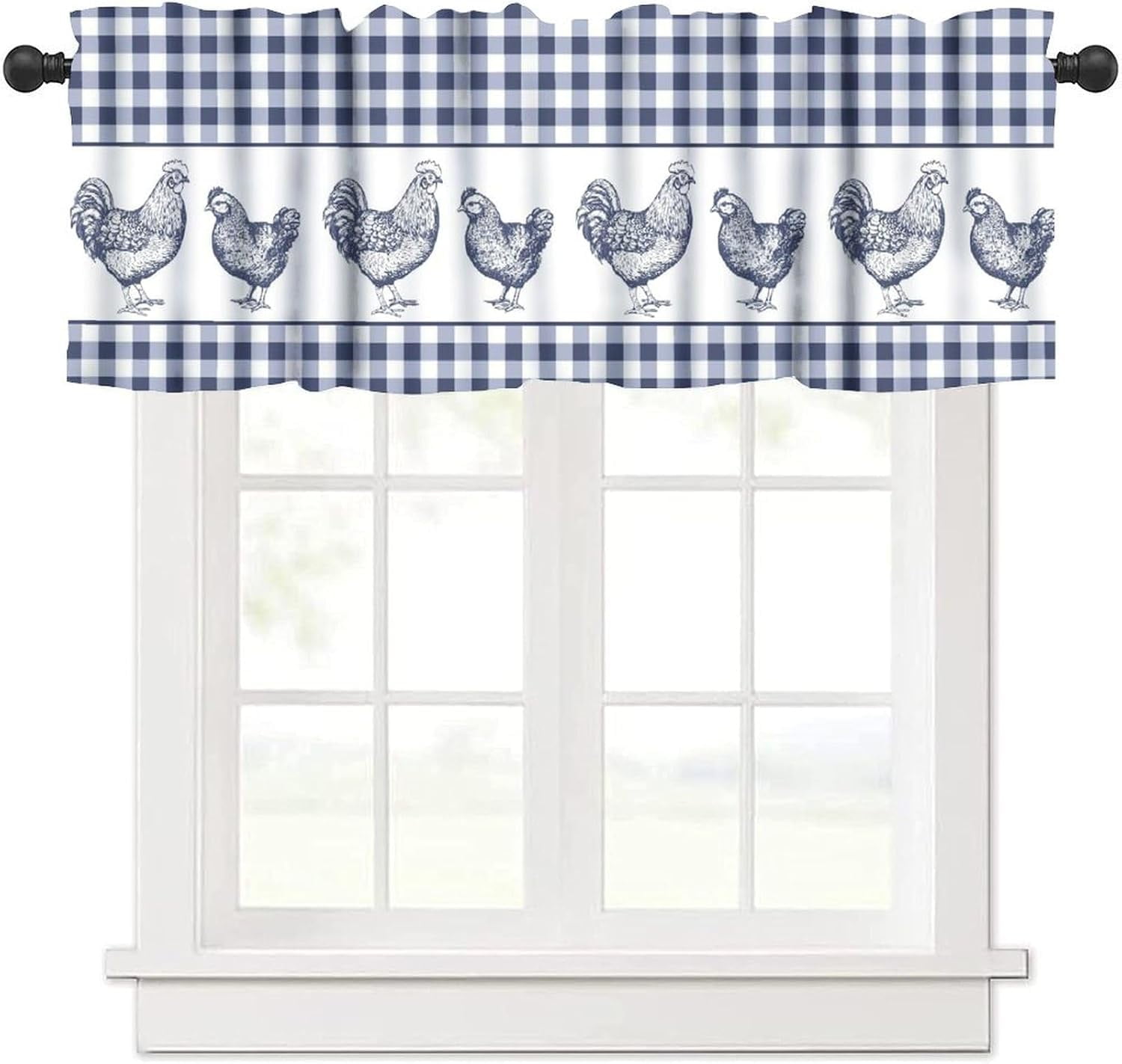 Farm Rooster Valance Curtains Rustic Retro Farmhouse Animals Blue White ...