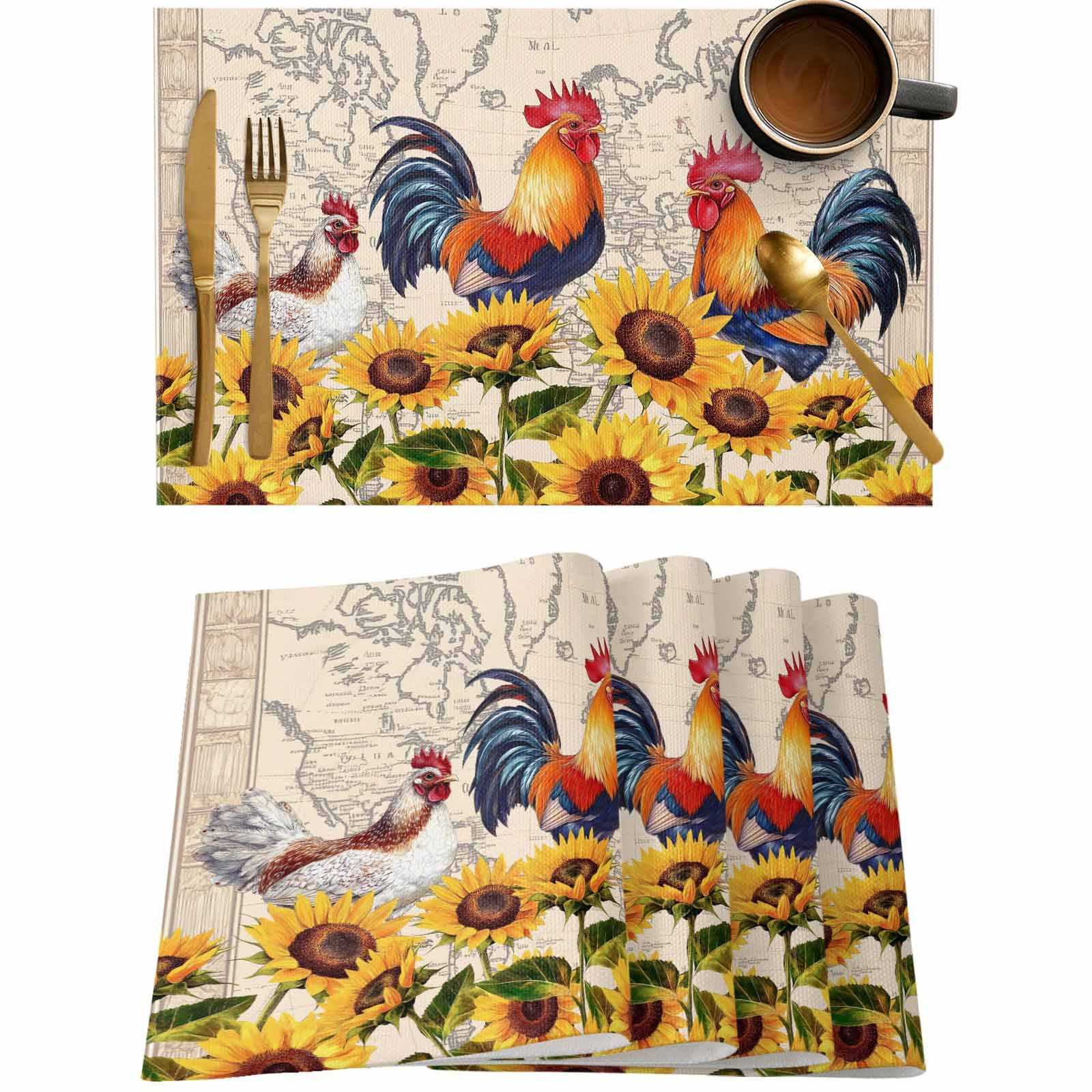 Farm Rooster Watercolor Sunflower Placemats Set of 4,Wipeable Washable ...