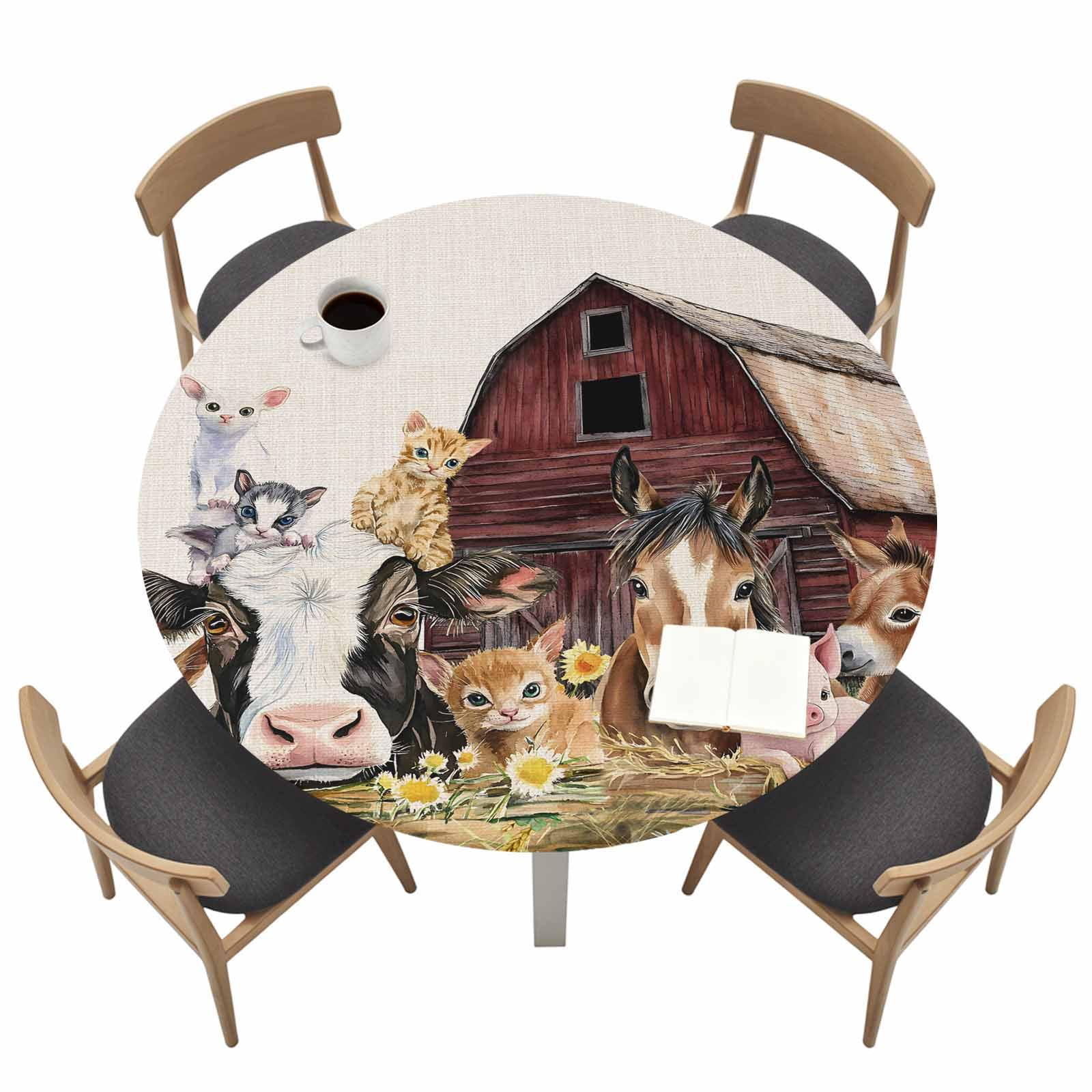 Farm Round Fitted Tablecloth with Elastic Edge Barn Horse Sheep Cat ...