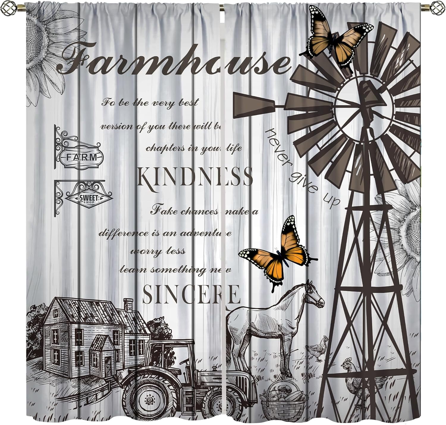 Farm Rustic Blackout Curtain for Bedroom,Wooden Farm Windmill Straw ...