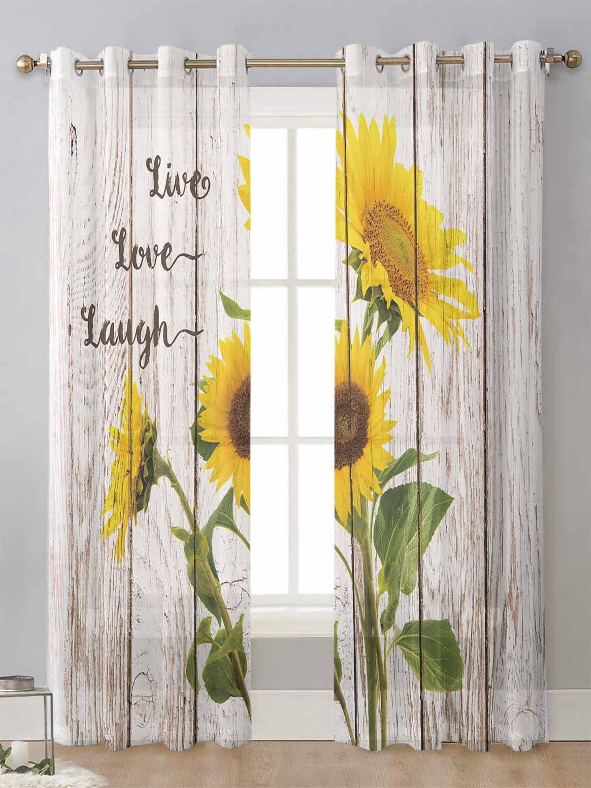 Farm Rustic Vintage Wood Texture Sunflowers Sheer Curtains For Living ...
