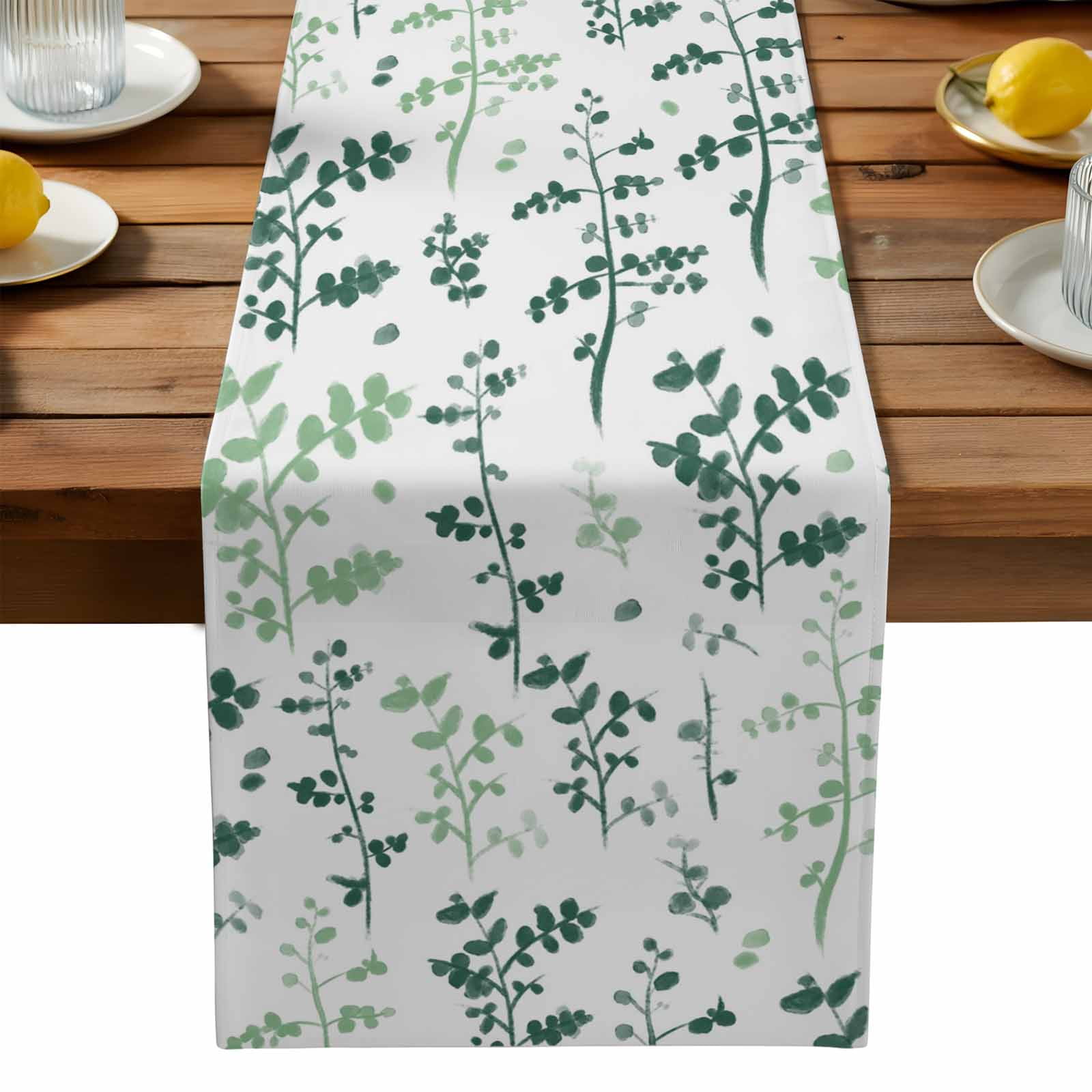 Farm Sage Green Leaves Table Runner, Country Style Plant Leaf Rustic ...