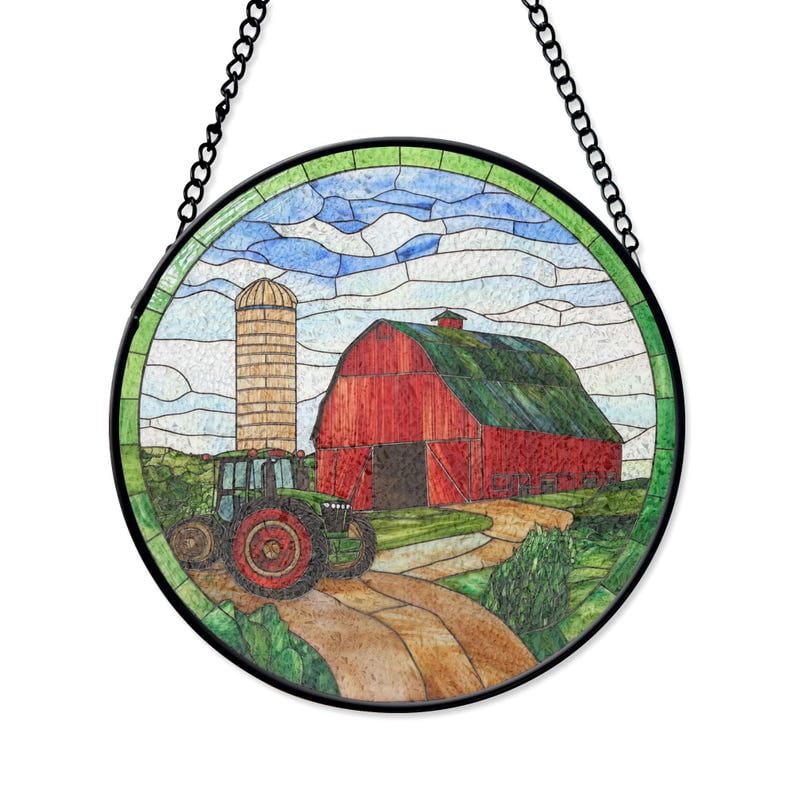 Farm Scene Stained Glass Suncatcher - Charming Rustic Barn and Tractor ...
