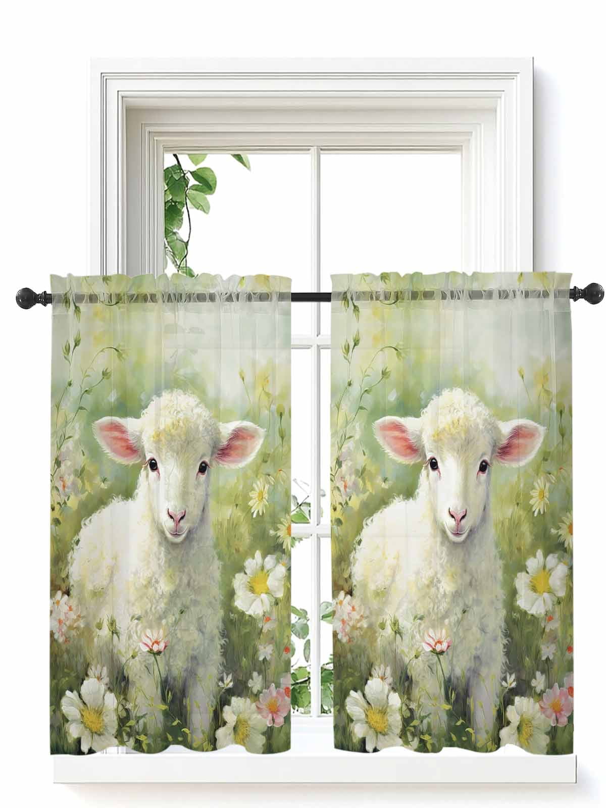 Farm Sheep Daisy Curtains 45 Inch Length, Sheer Curtains for Bedroom ...