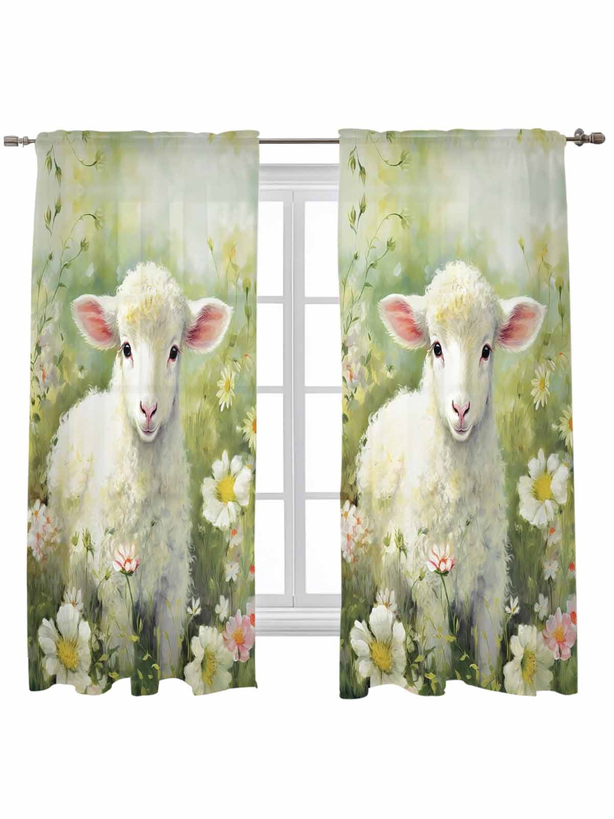 Farm Sheep Daisy Curtains 72 Inch Length, Sheer Curtains for Bedroom ...