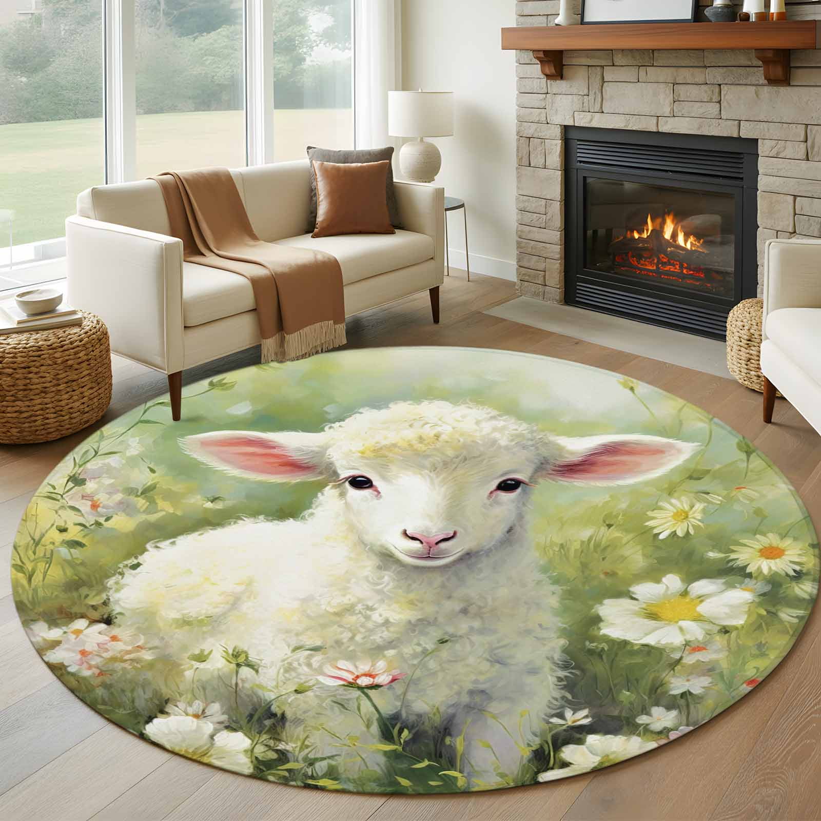 Farm Sheep Daisy Round Area Rug 5 FT, Non Slip Bedroom Area Rug, Spring ...