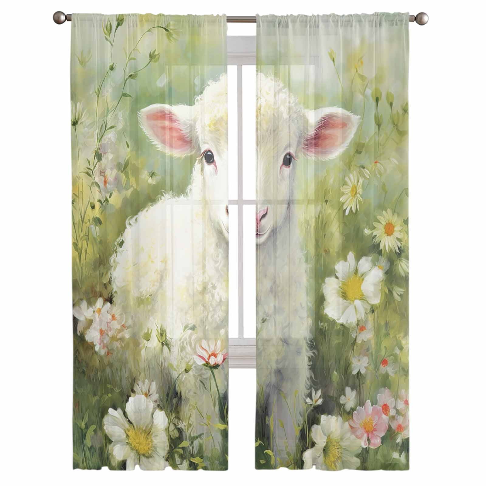 Farm Sheep Daisy Semi Sheer Curtains 108 Inch Length 2 Panels Set ...