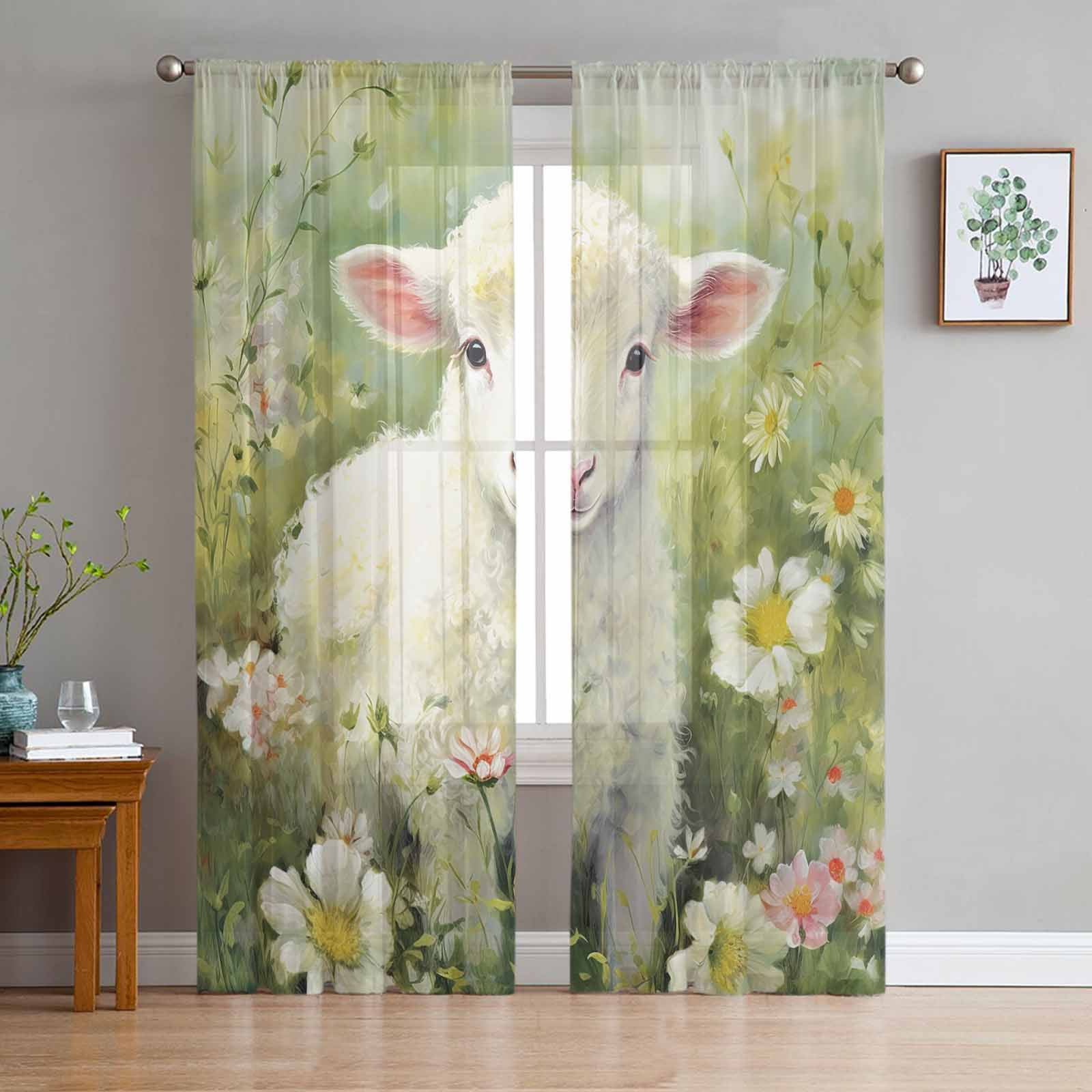 Farm Sheep Daisy Semi Sheer Curtains 96 Inch Length 2 Panels Set ...