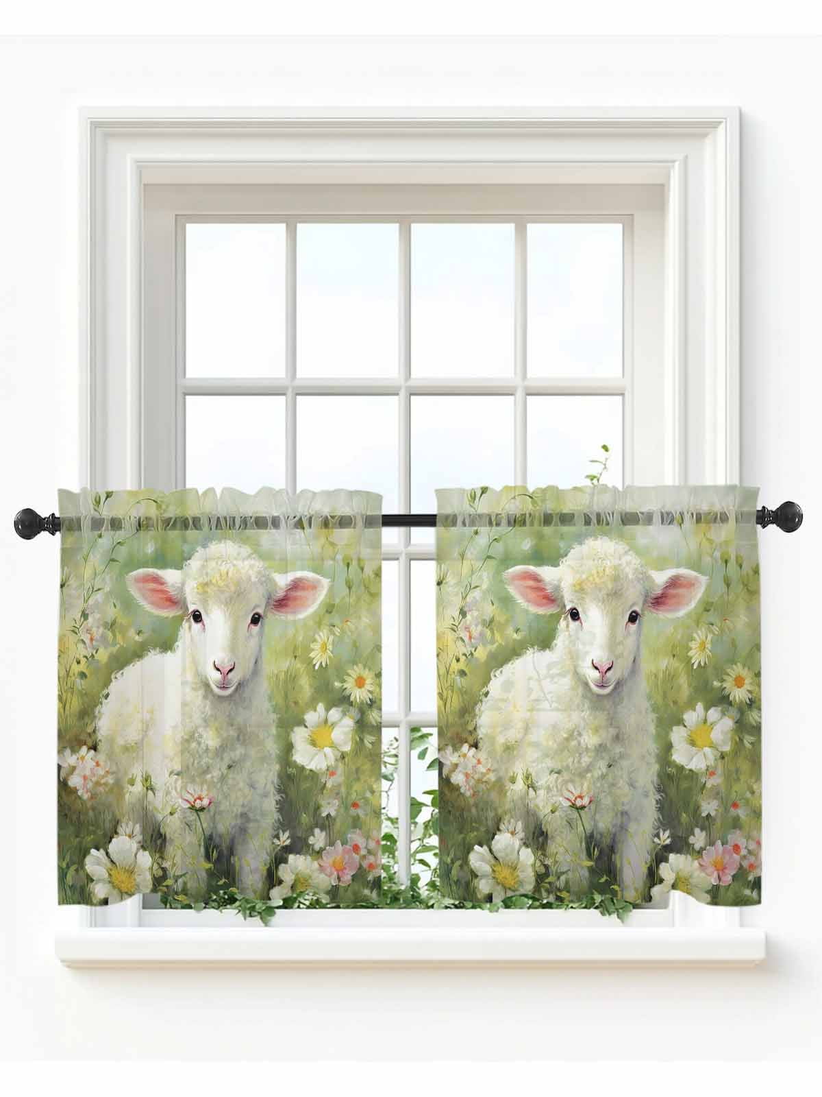 Farm Sheep Daisy Tier Curtains 36 Inch Length,Sheer Curtains for ...