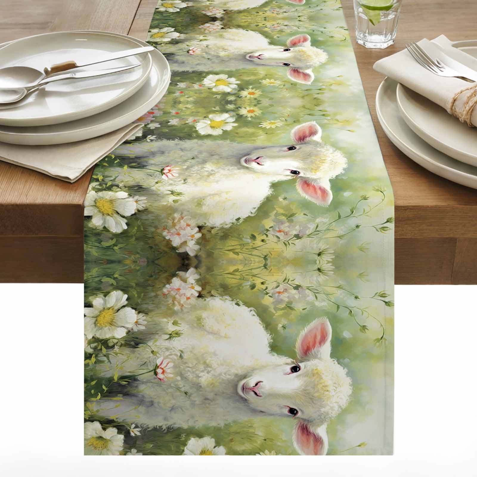 Farm Sheep Table Runner 13x60 inch Spring Daisy Plant Cotton Linen ...