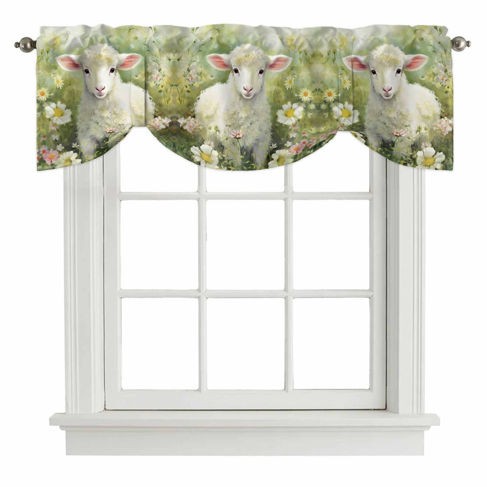 Farm Sheep Tie Up Valance for Windows, Spring Daisy Plant Adjustable ...