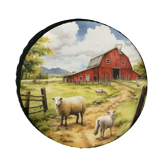 Farm Sheep Walks By A Red Barn Camping Spare Tire Cover Animals Lovers ...