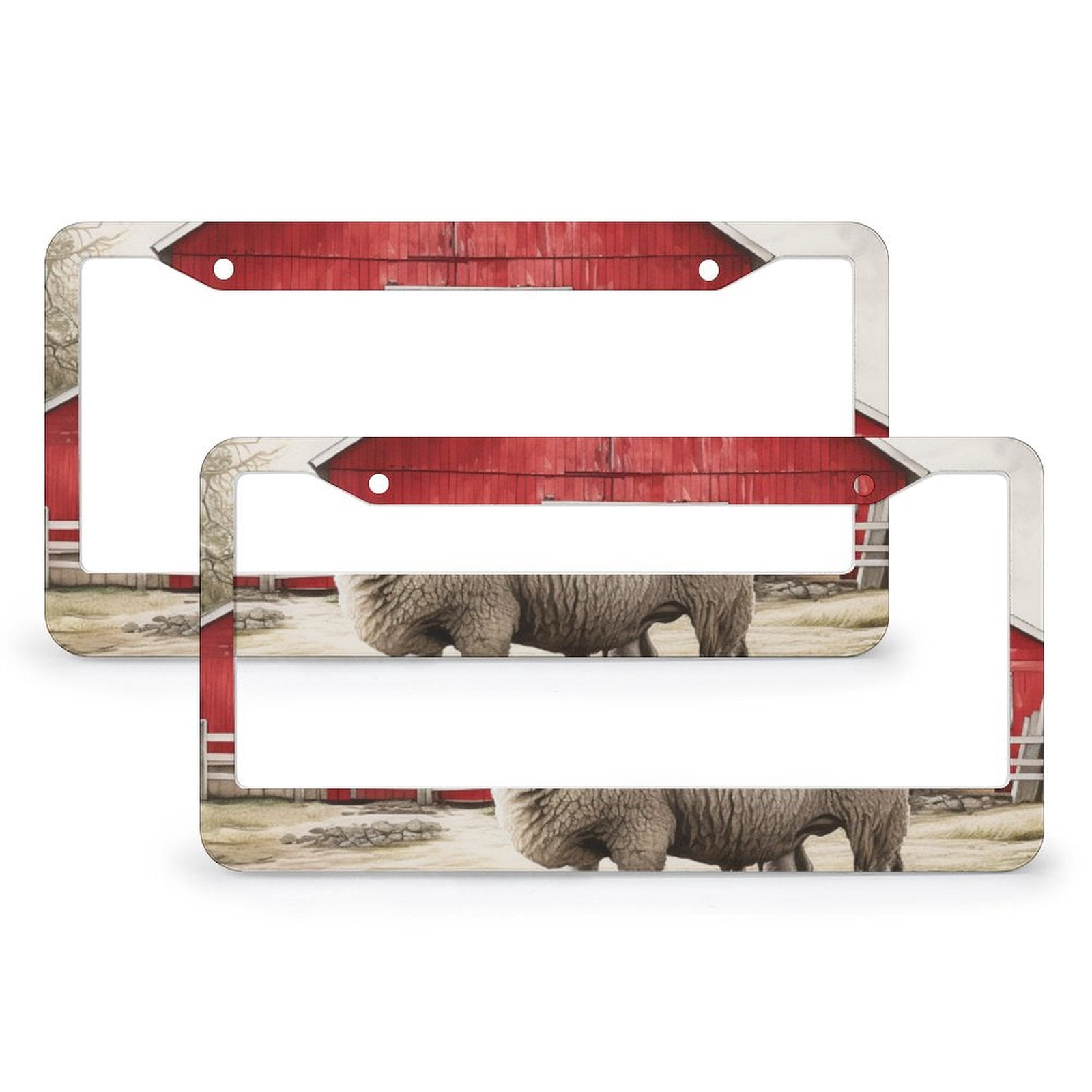 Farm Sheep Walks By A Red Barn License Plate Cover 2 Pcs Set Lovely ...