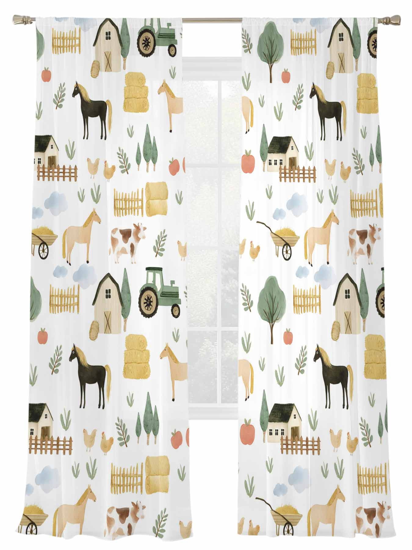Farm Sheer Curtains 2 Panels Set Farmhouse Cartoon Horse Cow Chicken ...