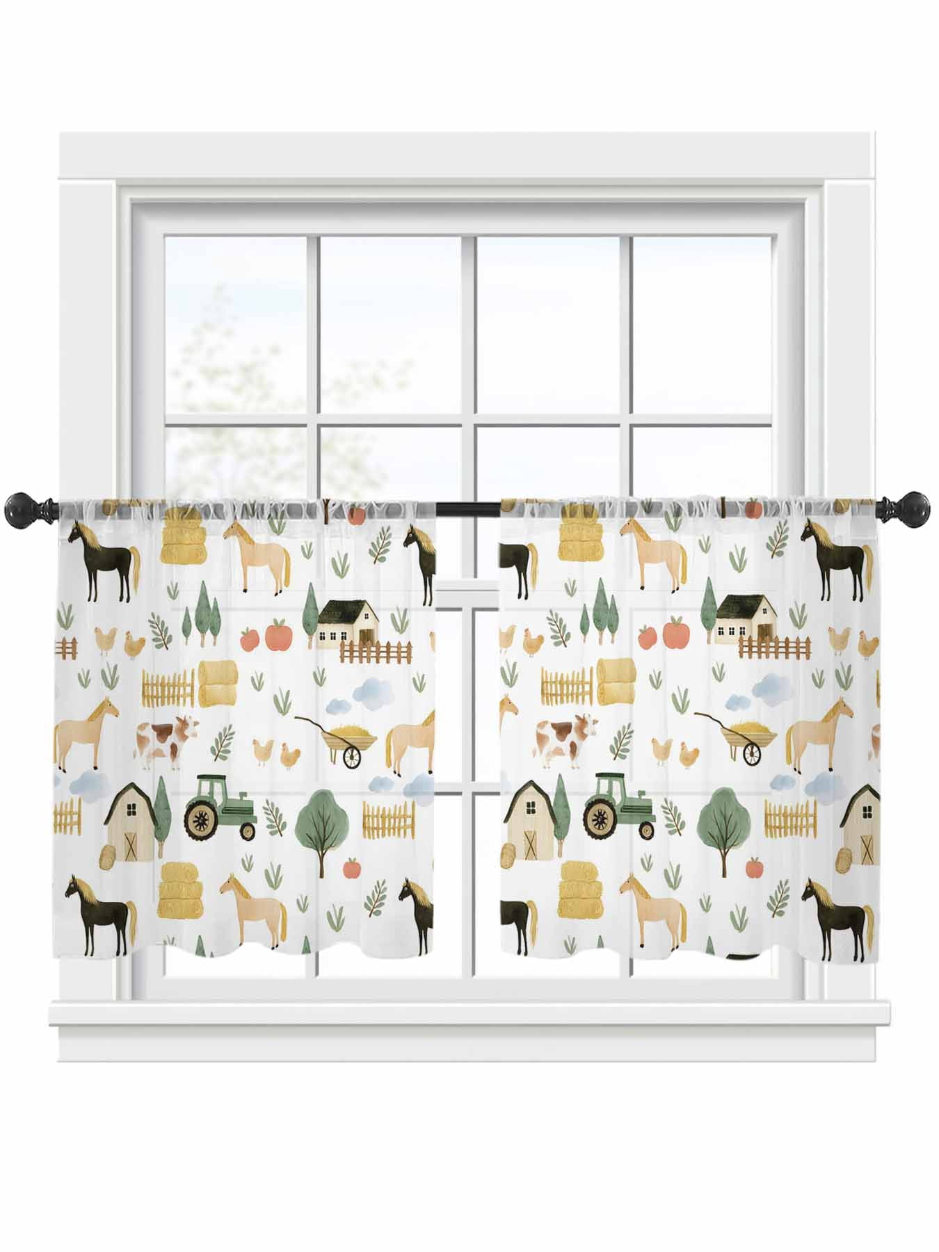Farm Sheer Curtains 2 Panels Set Farmhouse Cartoon Horse Cow Chicken ...