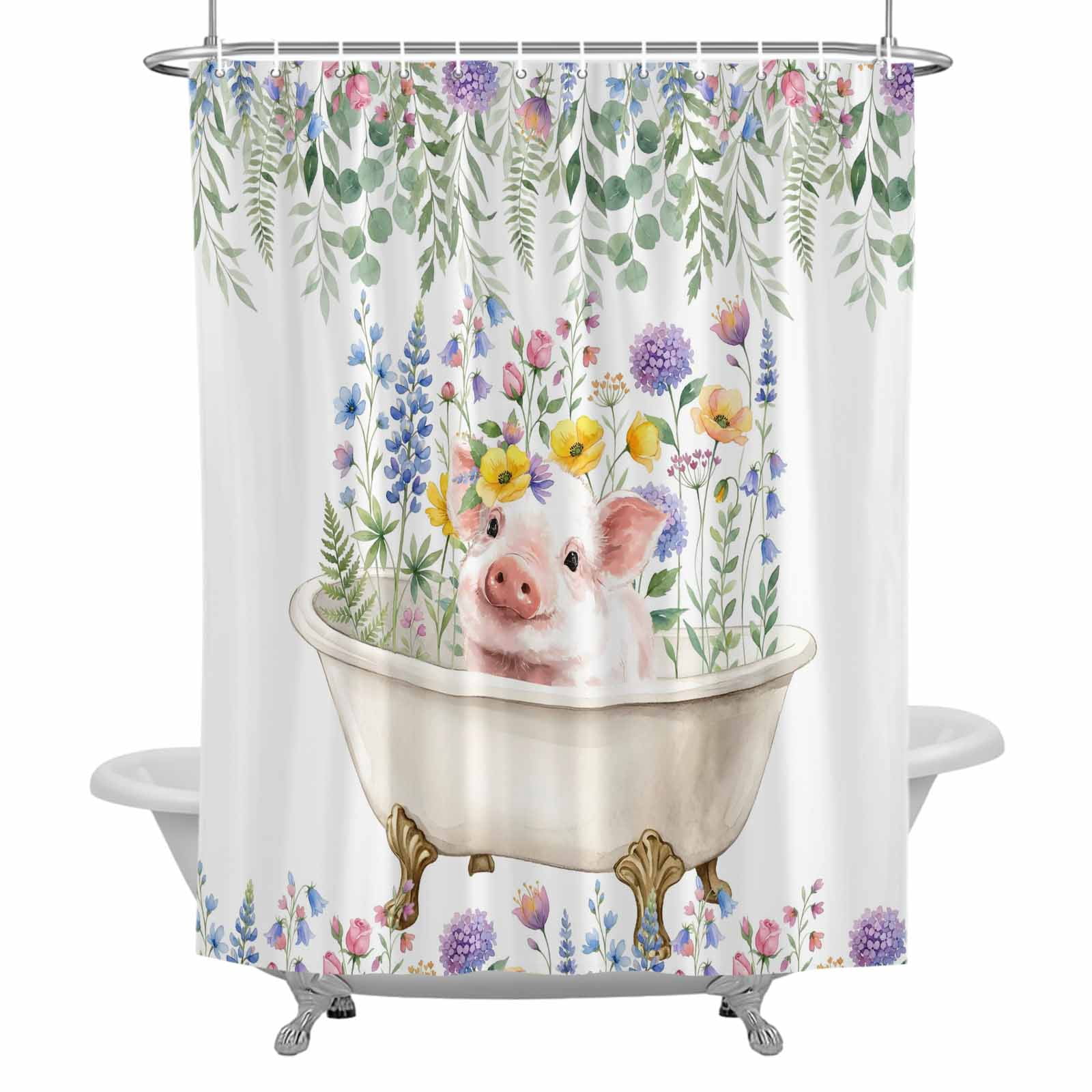 Farm Shower Curtain for Bathroom, Watercolors Bath Cute Pig Wildflowers ...
