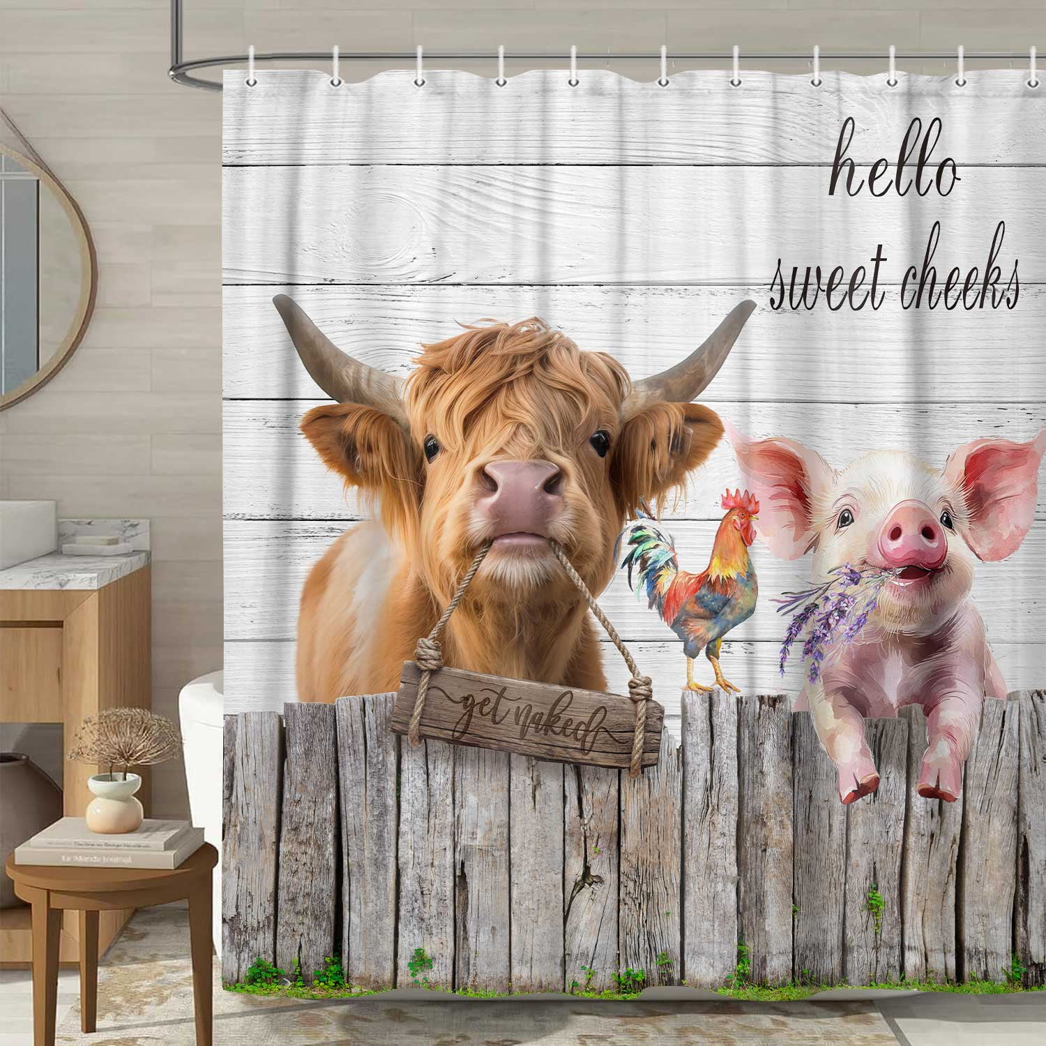 Uokiuki Farm Shower Curtain Highland Cow Chicken Pig Farmhouse Rustic ...