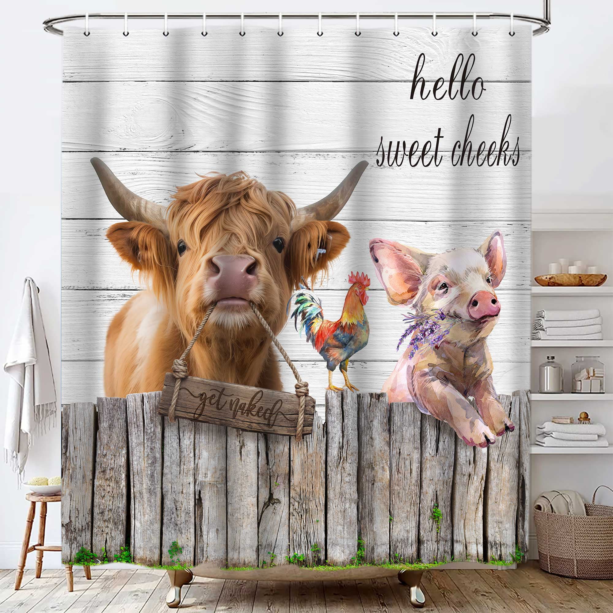 Uokiuki Farm Shower Curtain Highland Cow Chicken Pig Farmhouse Rustic ...
