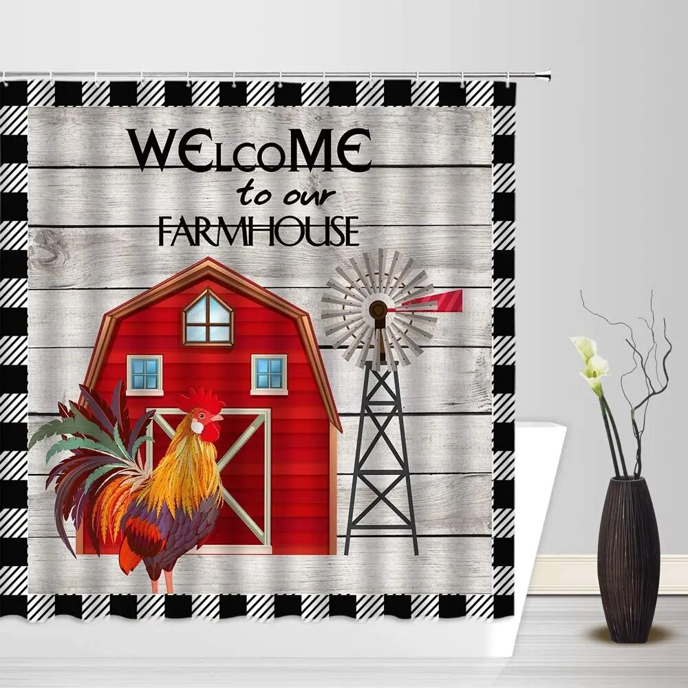 Farm Shower Curtain Vintage Farmhouse Barn Windmill Animal Rooster ...