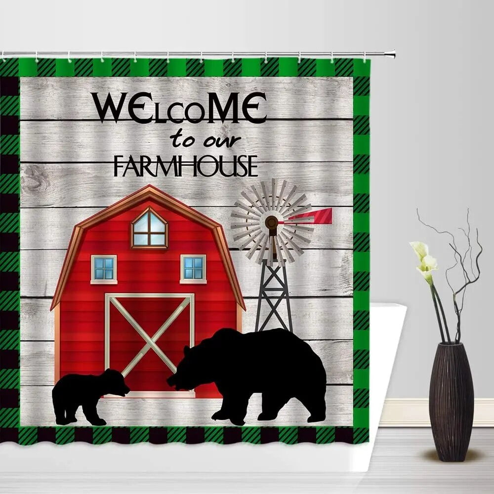 Farm Shower Curtain Vintage Farmhouse Barn Windmill Animal Rooster ...