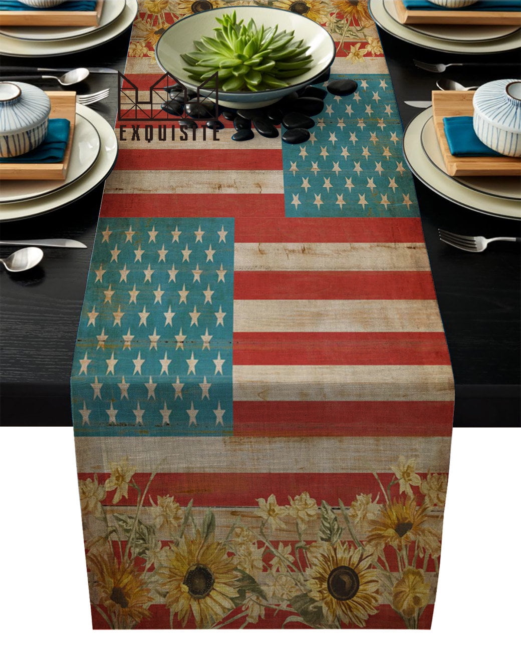 Farm Stars Sunflower Wood Vintage Linen Cotton Table Runner Wedding ...
