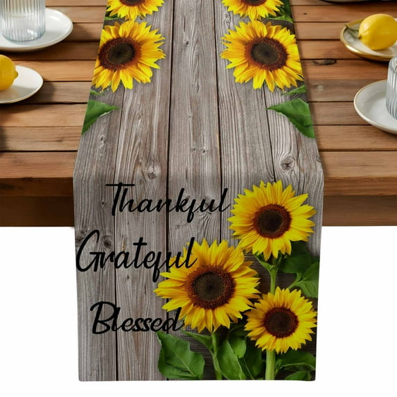 Farm Sunflower Cotton Linen Table Runner for Dining Kitchen, Positive Floral Vintage Brown ...