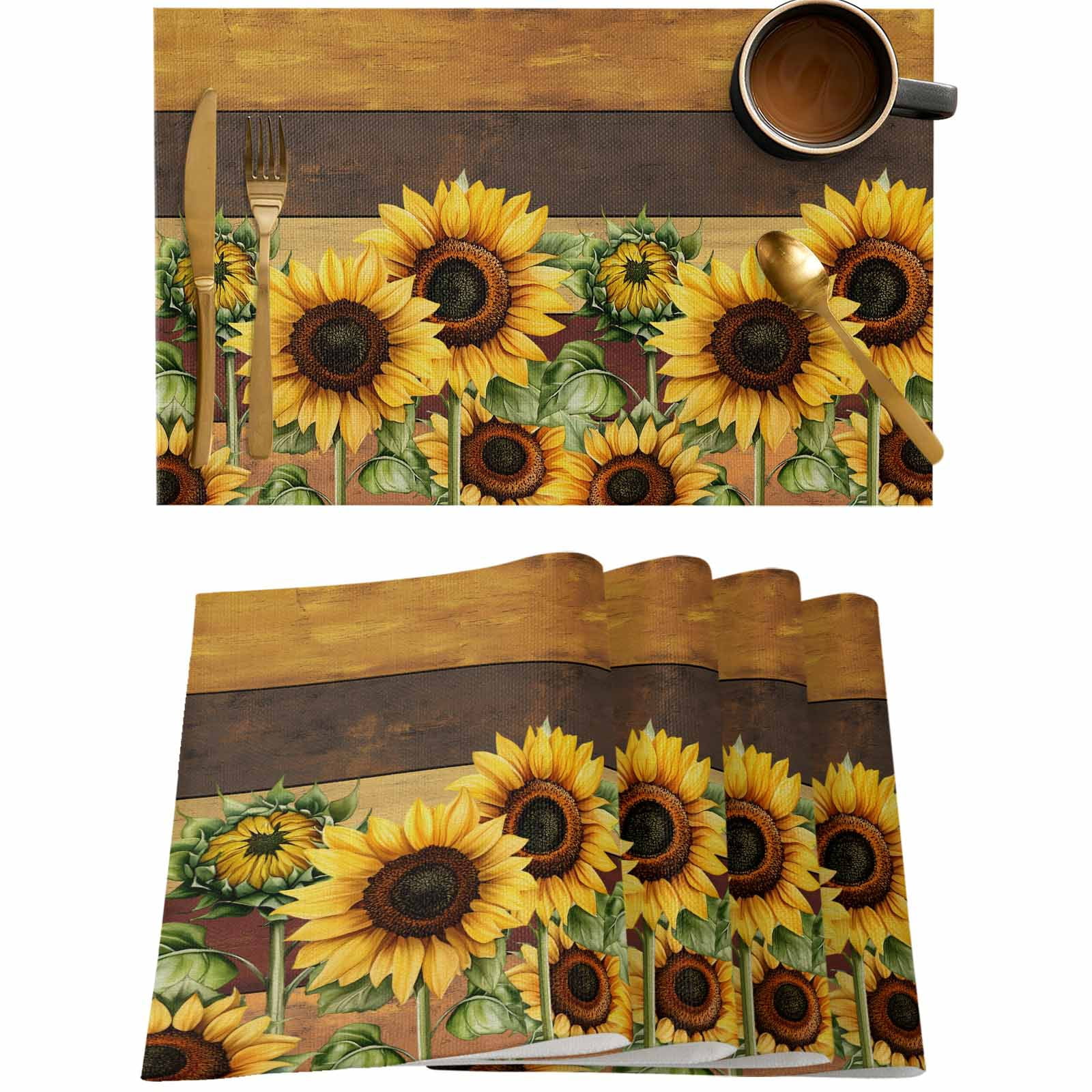Farm Sunflower Green Leaf Plant Placemats Set of 4,Wipeable Washable ...